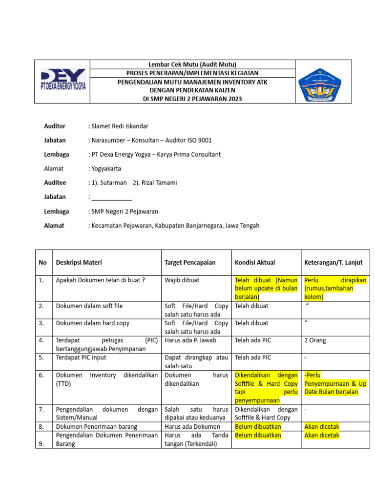 LEMBAR AUDIT MUTU PENERAPAN PENGENDALIAN INVENTORY ATK BERBASIS KAIZEN ...