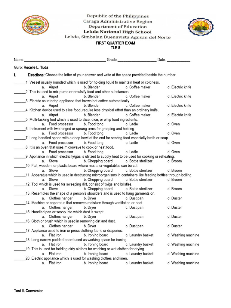 Q1 Tle8 Exam 2023 | PDF