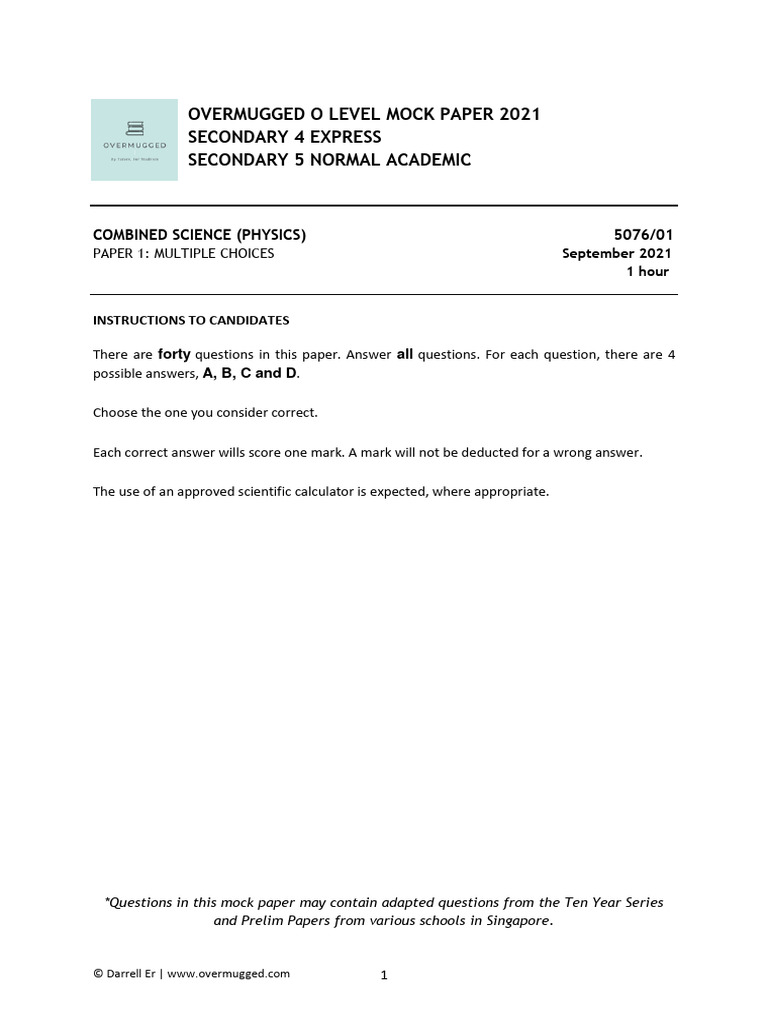 (PHY CS) 2021 Mock Paper 1 | PDF