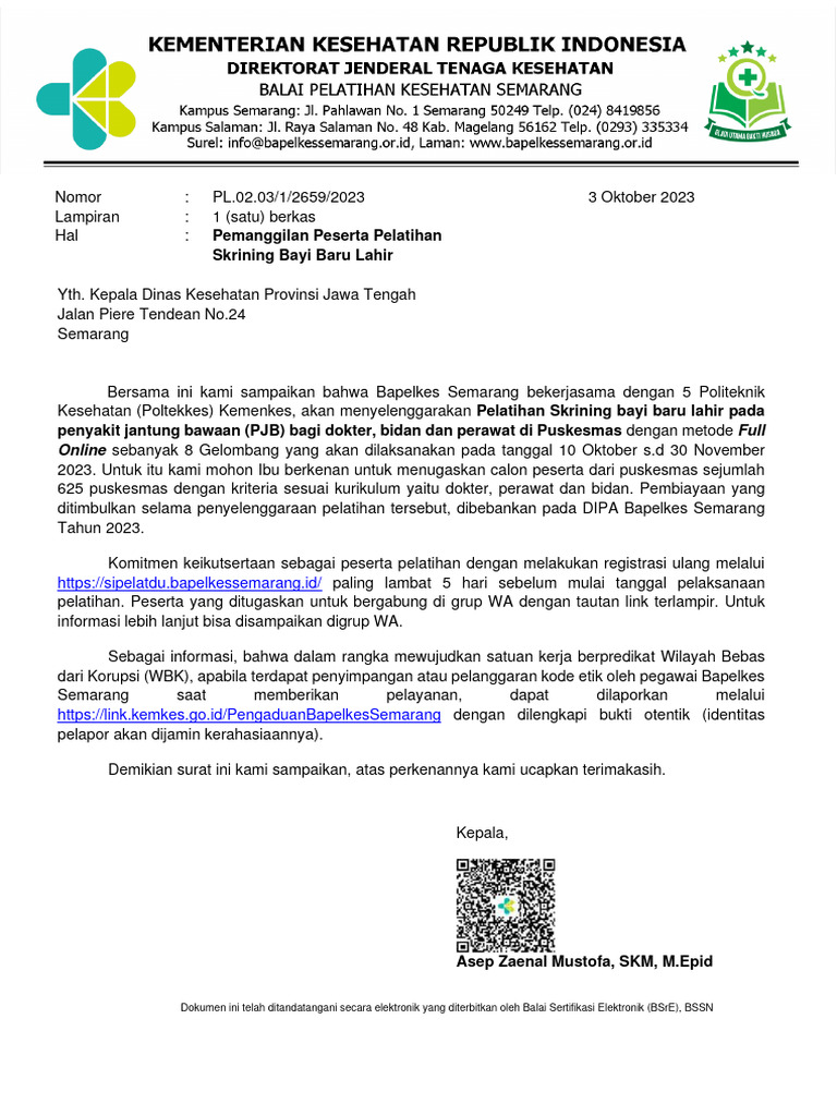 Surat Pemanggilan Peserta Pelatihan Skrining BBL - Jateng - Gel 3 | PDF Surat Pemanggilan Peserta Pelatihan Skrining BBL - Jateng - Gel 3 | PDF