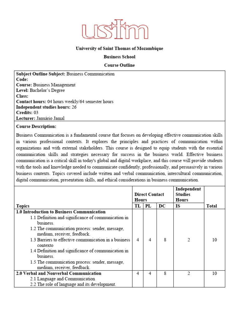 Business Communication Course Outline | PDF | Career & Growth