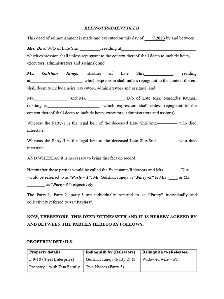 Draft Relinquishment Deed 21072023 | PDF | Common Law | Private Law