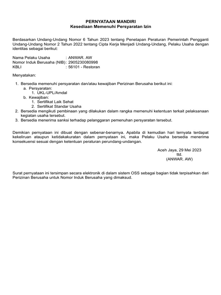 Surat Pernyataan Mandiri | PDF