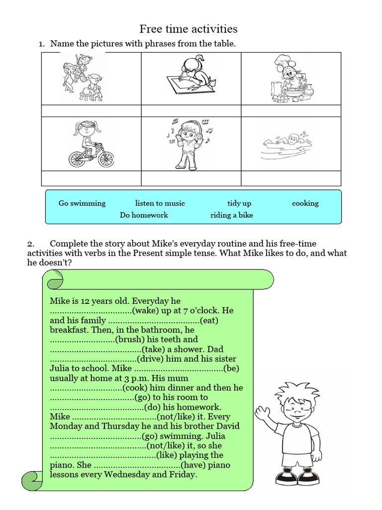 Free Time Activities Present Simple Reading Comprehension Exercises ...