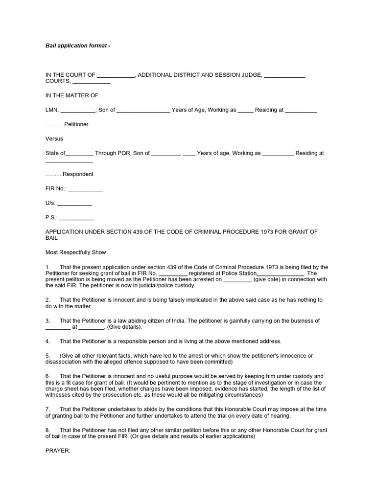 Bail Application Format | PDF | Bail | Arrest