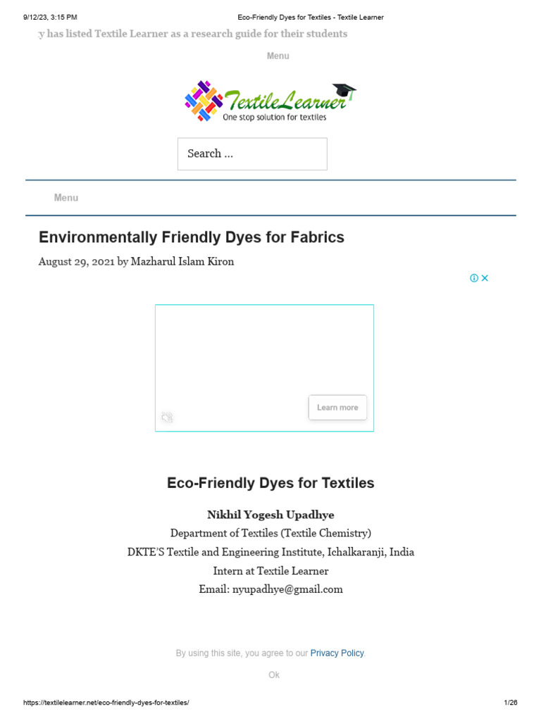 Eco-Friendly Dyes For Textiles - Textile Learner | PDF