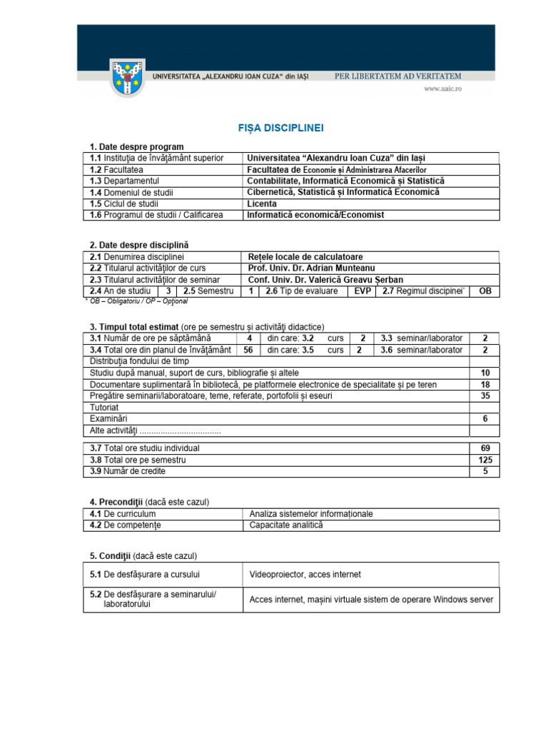 Retele de Calculatoare I - Fisa Disciplinei 2023 FEAA IE Anul 3 | PDF