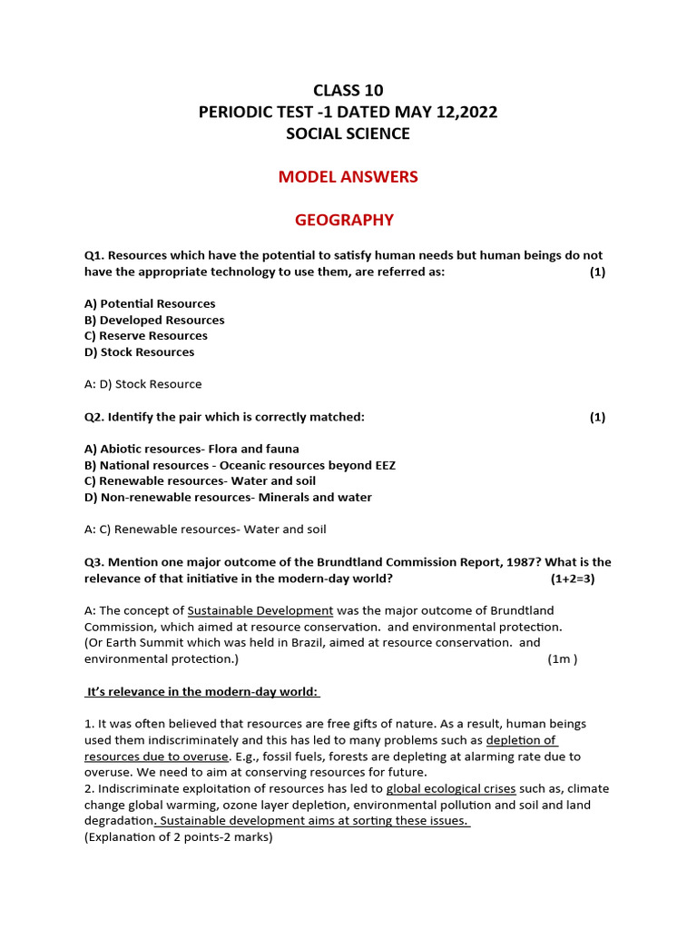 C T 1 Model Answers Class 10 Dated May 12 | PDF | Resource | Sustainable Development