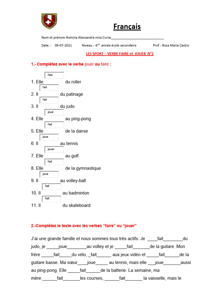 Verbes "faire" et "jouer" en sport | PDF