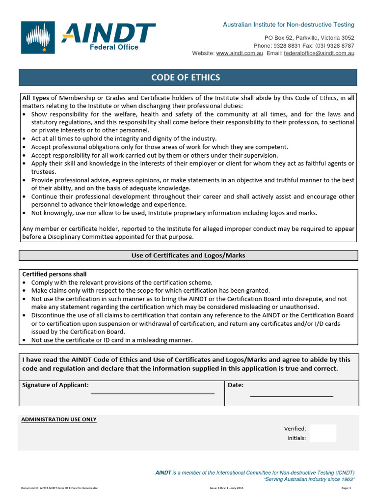 Aindt Code of Ethics | PDF