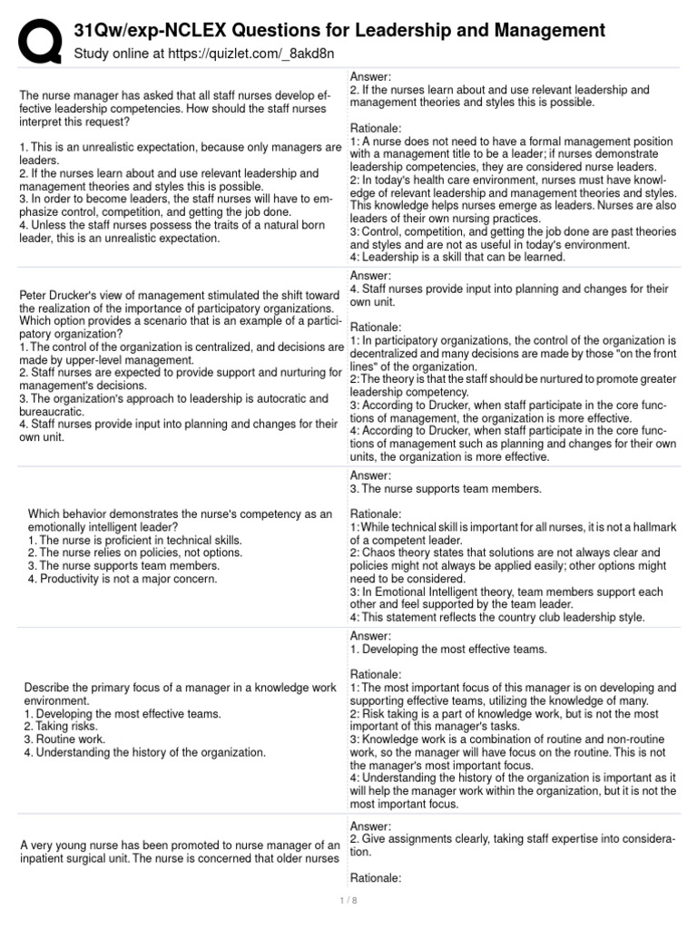 31Qw/exp-NCLEX Questions For Leadership and Management | PDF