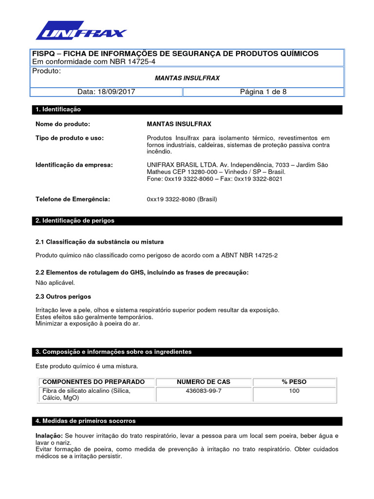 Fispq Unifrax - Manta Insulfrax | PDF | Tecnologia e Engenharia