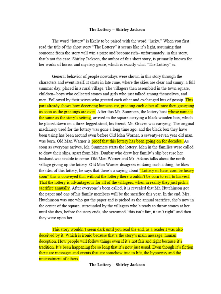 The Lottery - Shirley Jackson | PDF