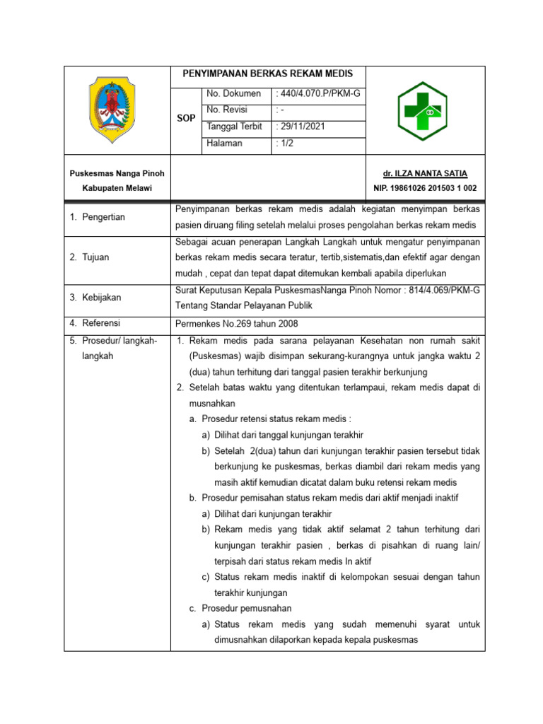 Sop Penyimpanan Berkas Rekam Medis | PDF