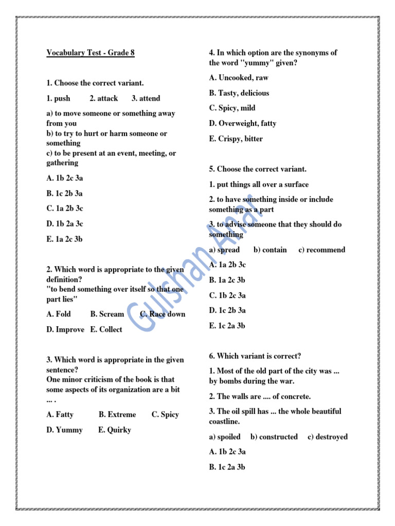 Grade 8 Vocabulary Test Questions | PDF