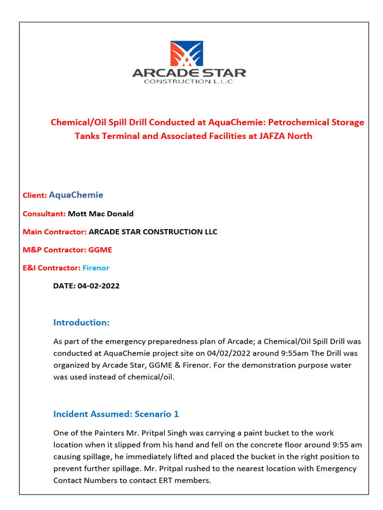 Chemical/Oil Spill Drill Report at AquaChemie | PDF | Pollution ...