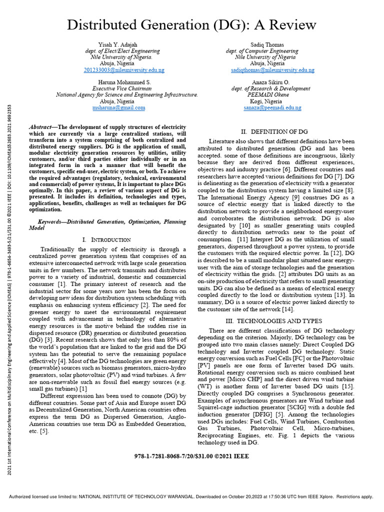 Distributed Generation DG A Review | PDF