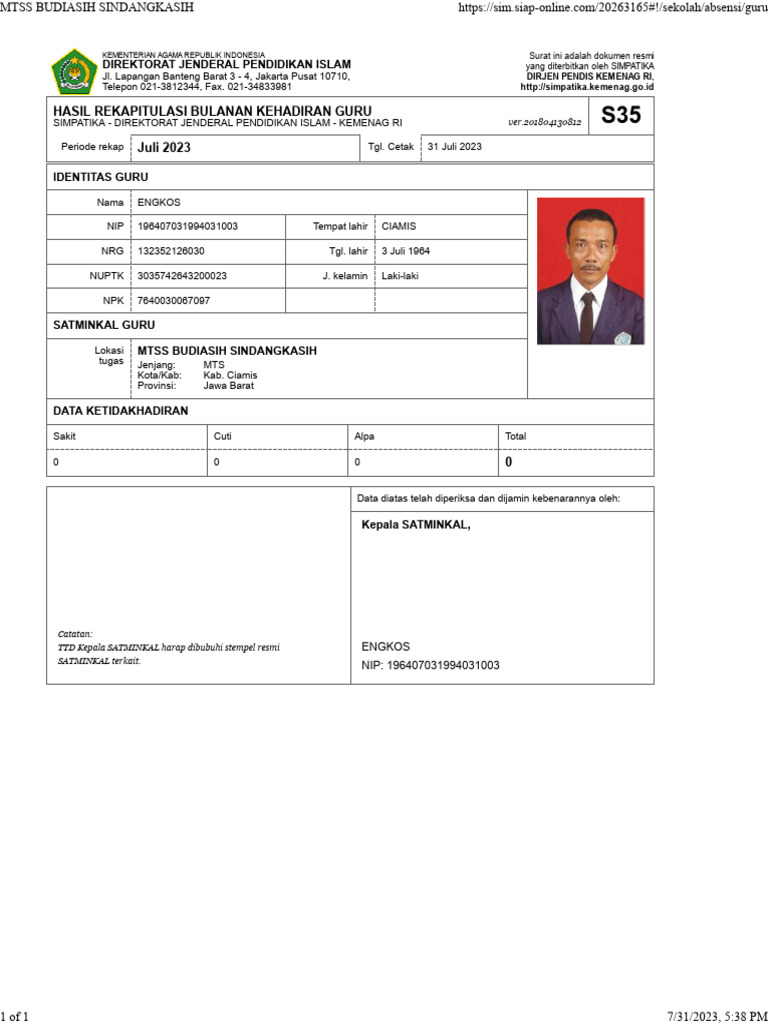 S35 Absensi Juli Engkos | PDF