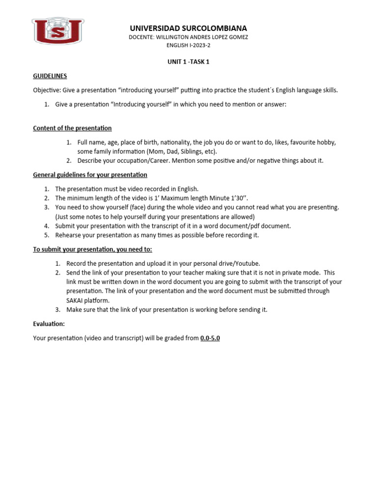 Unit 1-Task 1-English I-2023-2 - Sakai | PDF