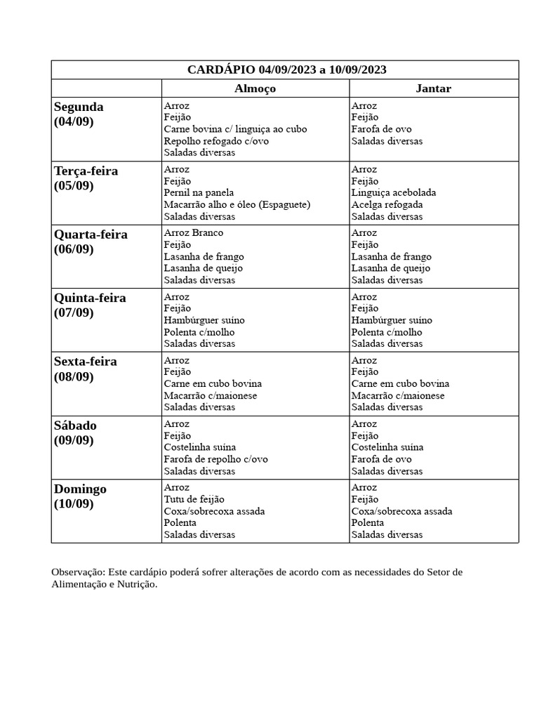 CARDÁPIO - 04 09 2023 - A - 10 09 2023 | PDF CARDÁPIO - 04 09 2023 - A - 10 09 2023 | PDF