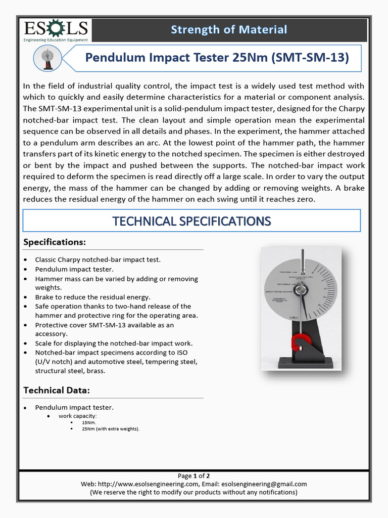 Pendulum Impact Tester SMT-SM-13 | PDF | Technology & Engineering