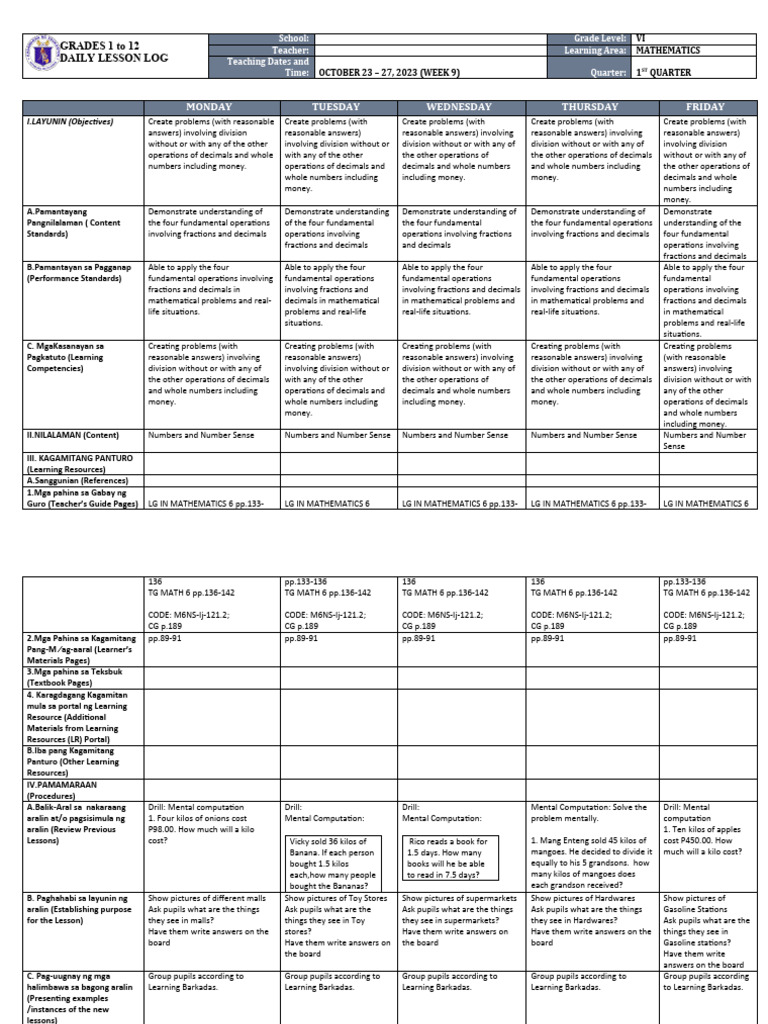 DLL - Mathematics 6 - Q1 - W9 | PDF