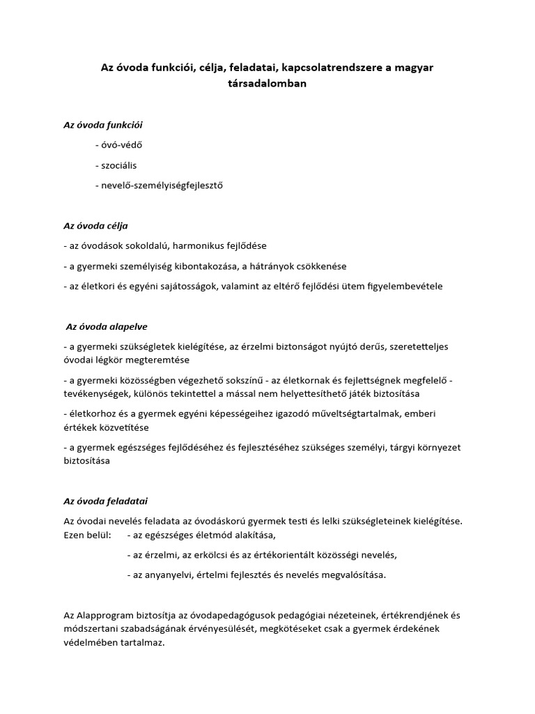 Az Óvoda Funkciói, Célja, Feladatai, Kapcsolatrendszere A Magyar ...