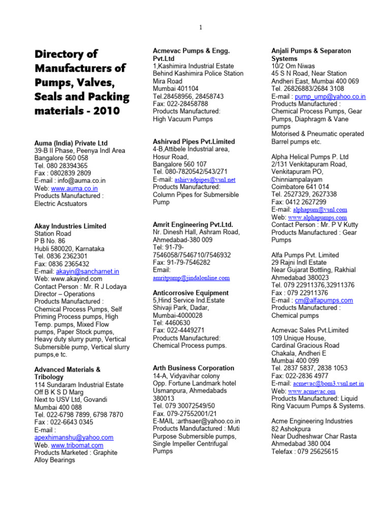 Directory of Pump Manufacturers | PDF | Pump | Chemical Engineering