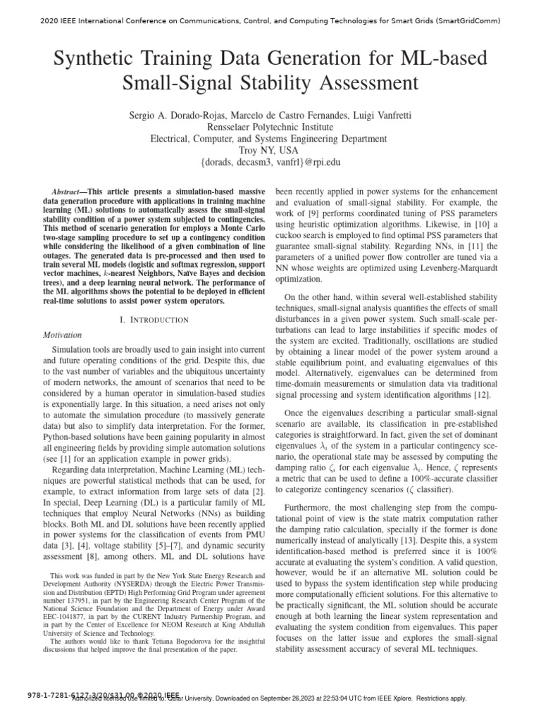 Synthetic Training Data Generation For ML-based Small-Signal Stability Assessment | PDF