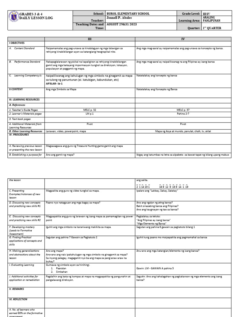 DLL - Araling Panlipunan TTH 34 - Q1 - W1 1 Aug 29 31 2023 | PDF