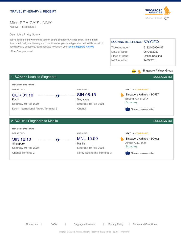 Singapore Airlines Itinerary & Receipt | PDF