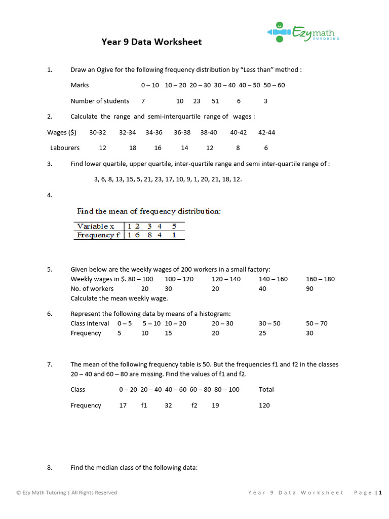 Year 9 Data Worksheet | PDF | Sampling (Statistics)