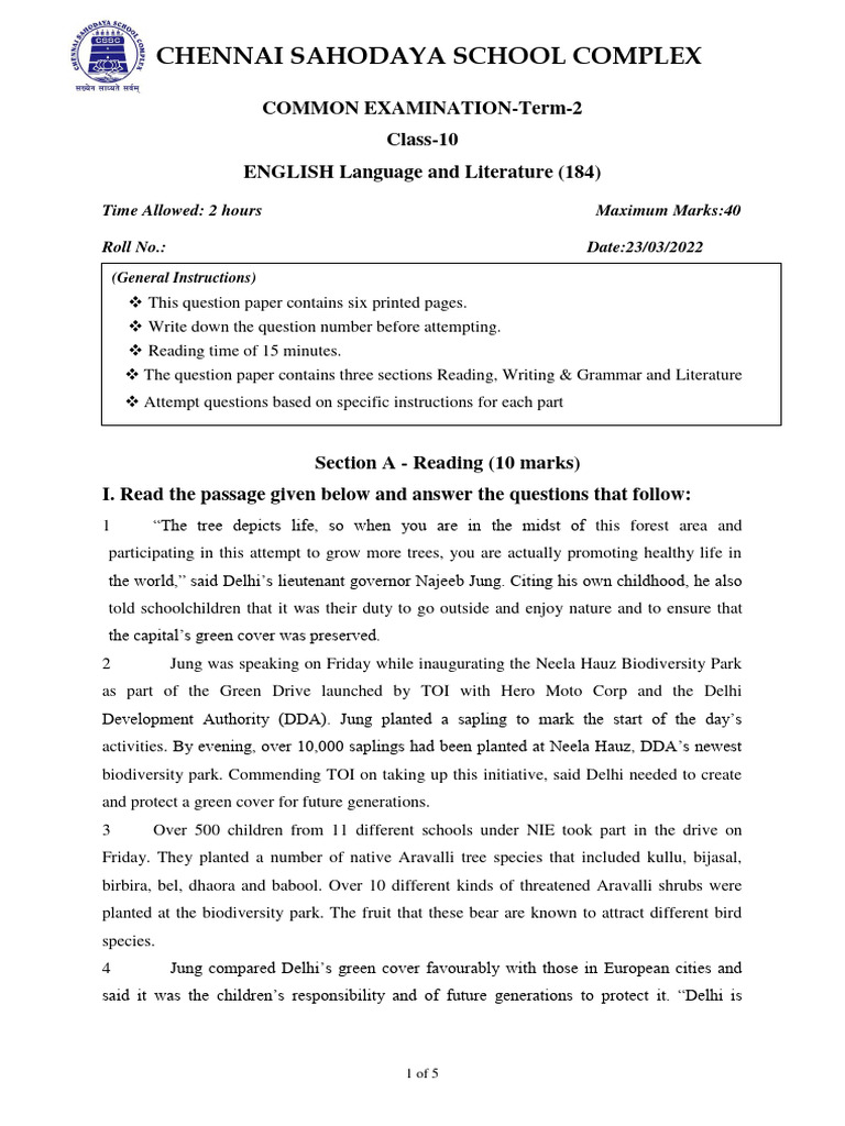 Class 10 English Question Paper 2022 | PDF