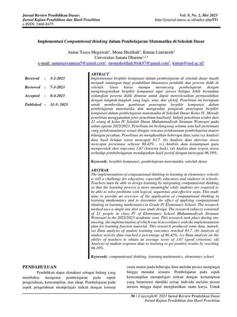Implementasi Computational Thinking Dalam Pembelajaran Matematika Di Sekolah Dasar | PDF