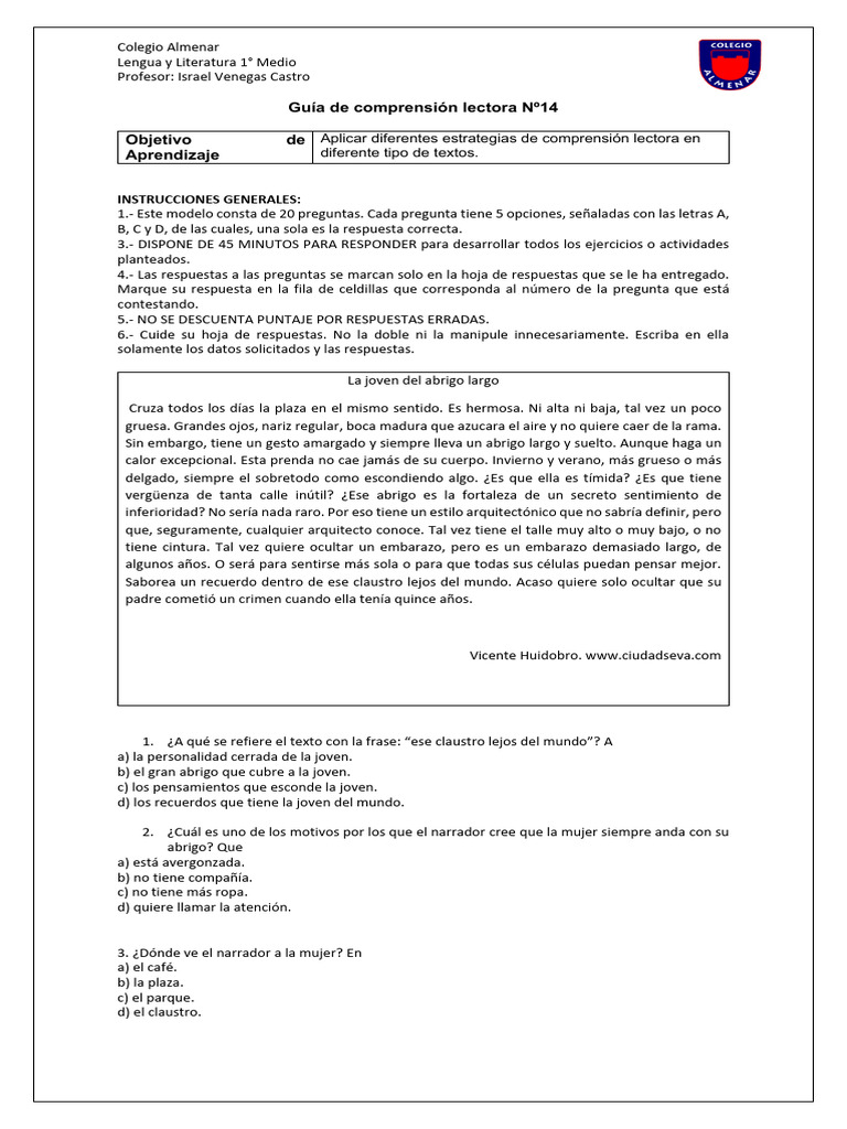 Guía de Comprensión Lectora 1° Medio | PDF | Estudios de idiomas ...