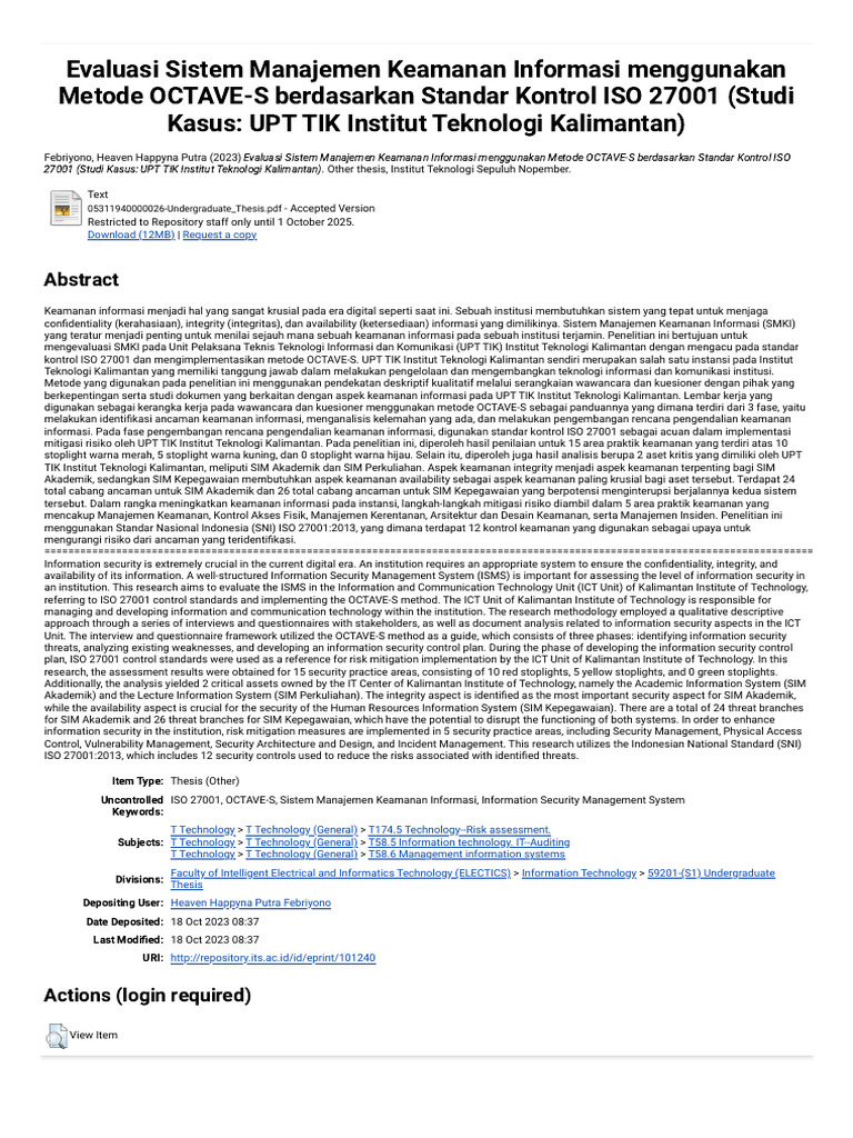 Evaluasi Sistem Manajemen Keamanan Informasi Menggunakan Metode OCTAVE-S Berdasarkan Standar ...