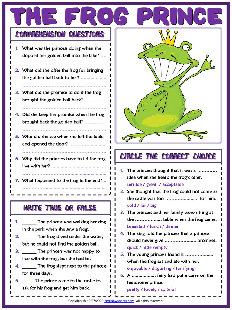 The Frog Prince Esl Printable Reading Comprehension Questions Worksheet ...