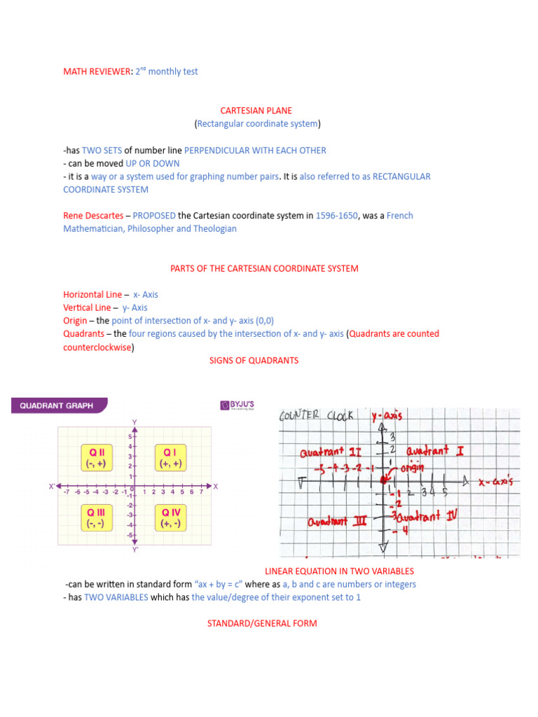 Mathreviewer2ndmonthlytest1 1 Pdf Cartesian Coordinate System Equations