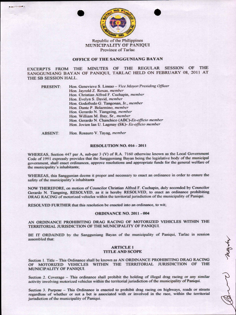 ORDINANCE No. 2011 004 Prohibiting Drag Racing | PDF