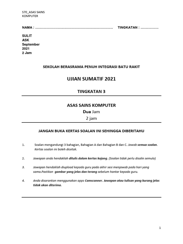 Ujian Sumatif Ask T3 2021 | PDF