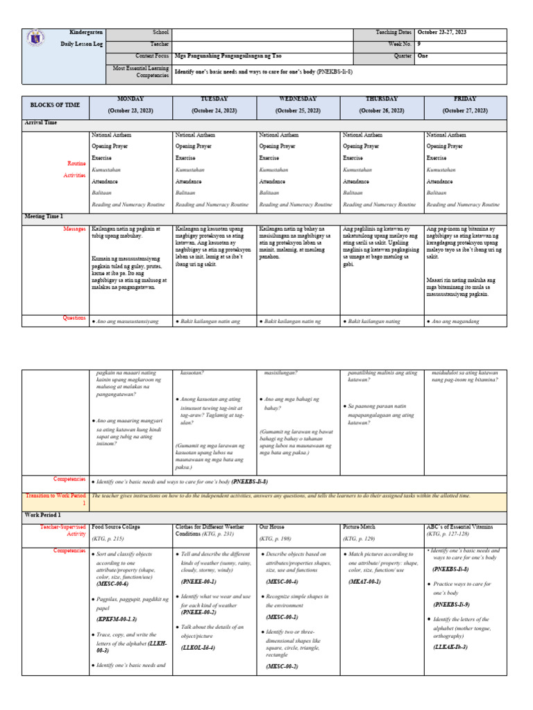 Kindergarten DLL MELC Q1 Week 9 | PDF