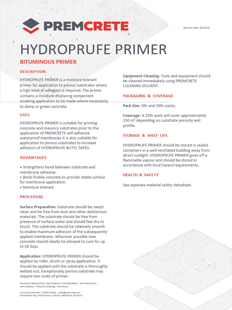 Premcrete Hydroprufe Primer - TDS | PDF