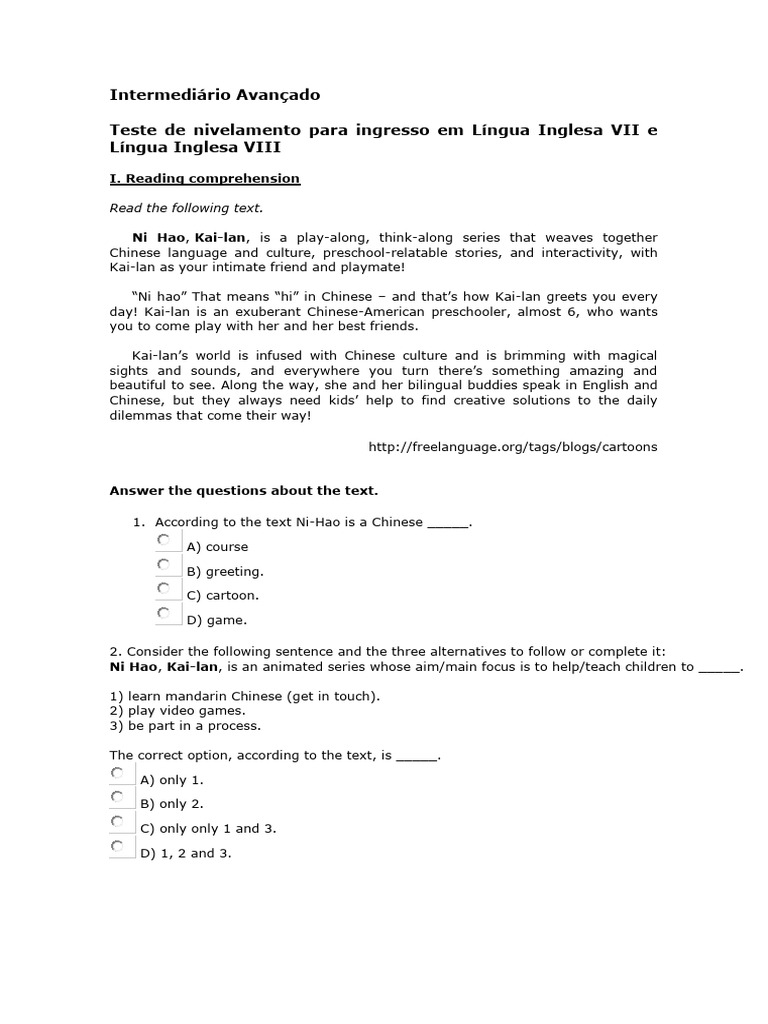 Teste de Nivelamento Ingles Intermediário Avançado | PDF
