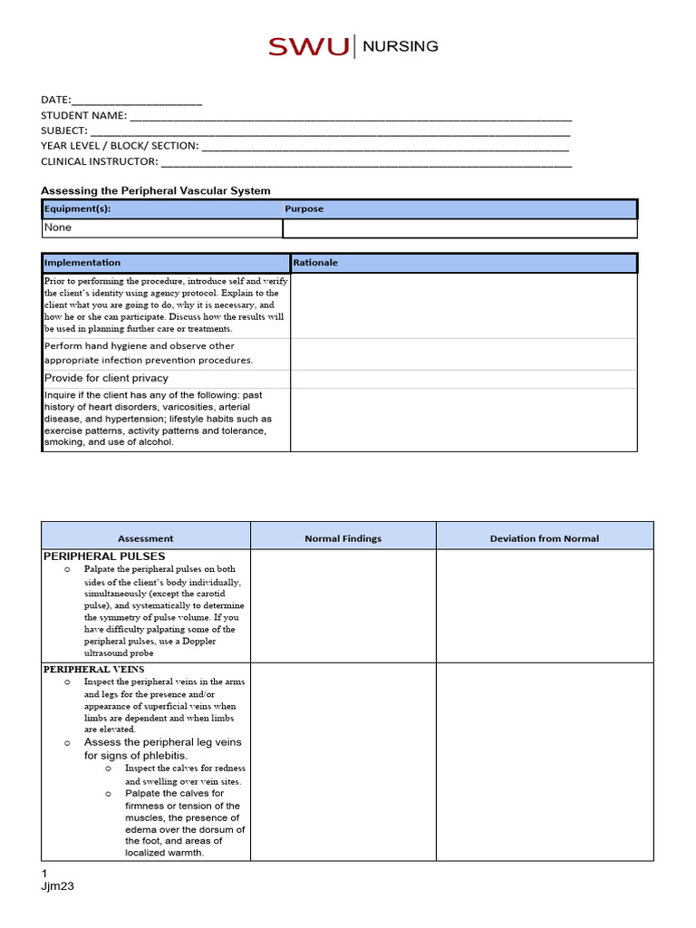 Peripheral Vascular System Student Activity | PDF