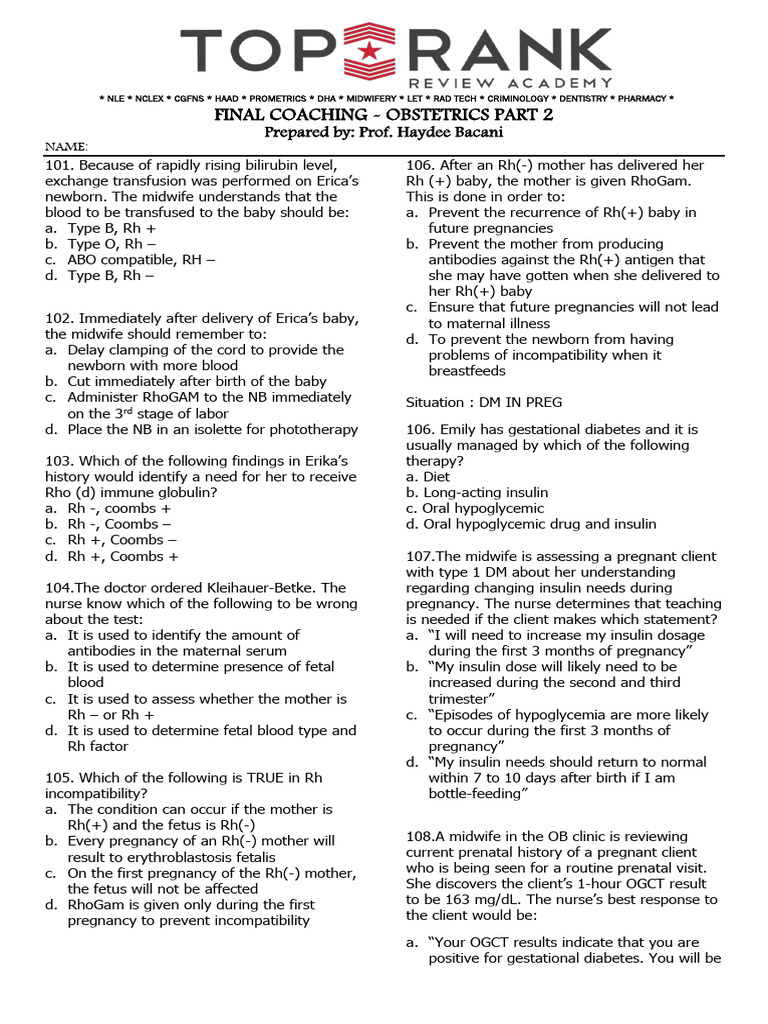 Final Coaching - Obstetrics Part 2 - Student | PDF | Wellness | Science & Mathematics