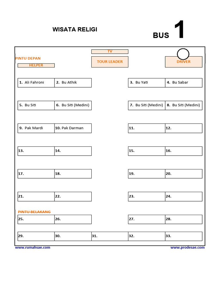 Denah Kursi Bus Pariwisata Medium Seat 2-2 33 Kursi New | PDF