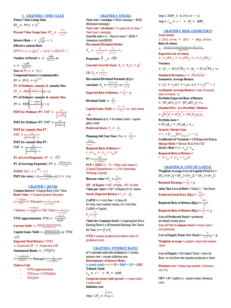 Finance 2 Formula Sheet - Le1 | PDF