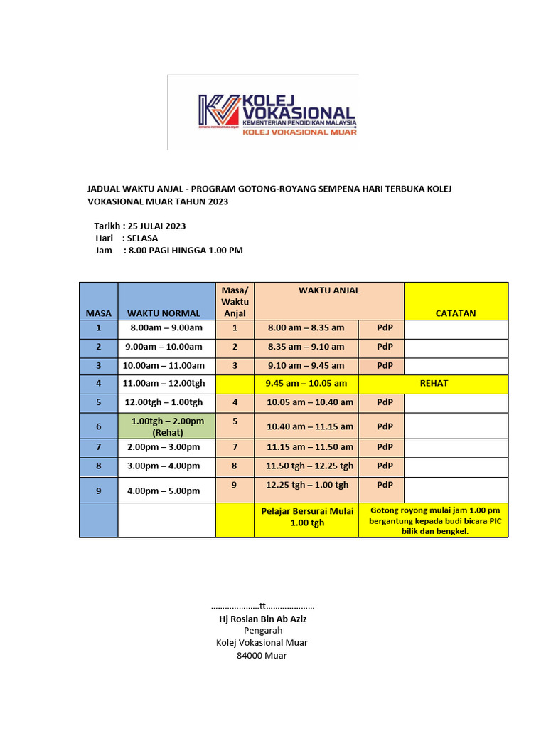 Jadual Waktu Anjal Pdp 25 Julai 2023 Gotong Royong Pdf 