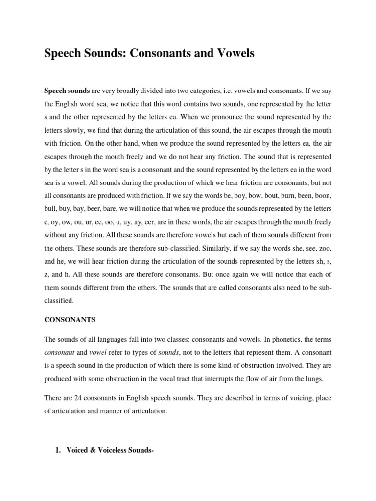 Speech Sounds - Vowels Consonants | PDF