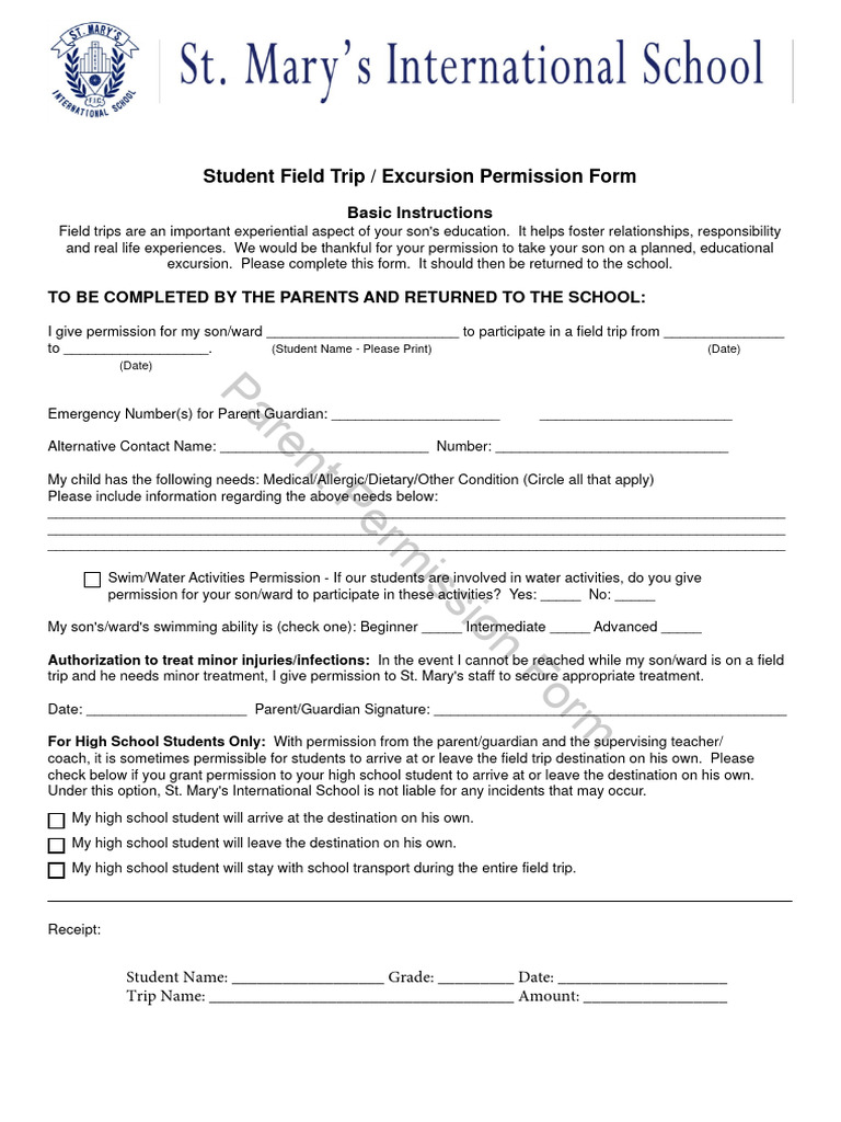Field Trip Parent Permission Form | PDF | Childhood | Clinical Medicine